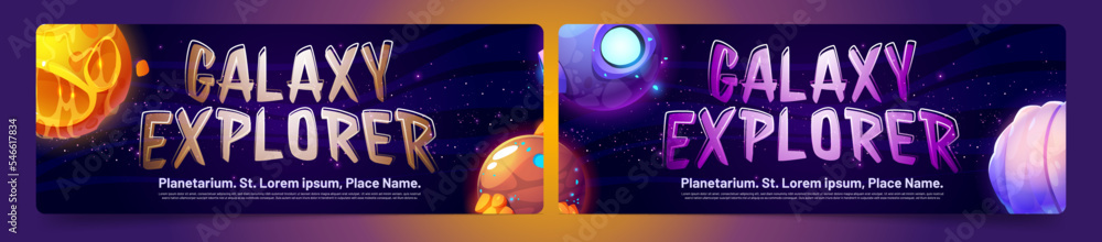 Galaxy explorer cartoon banners, cards with planets in outer space ...