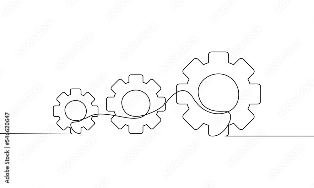 Continuous line drawing of gears, moving cogwheel, business growth, cog ...