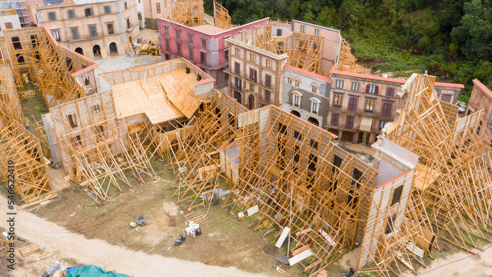 Aerial view on constructions for film sets. The buildings in the set ...