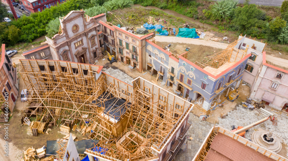 Aerial view on constructions for film sets. The buildings in the set ...