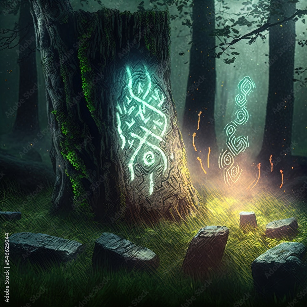 Mysterious runes carved into a forest. Stock Illustration | Adobe Stock