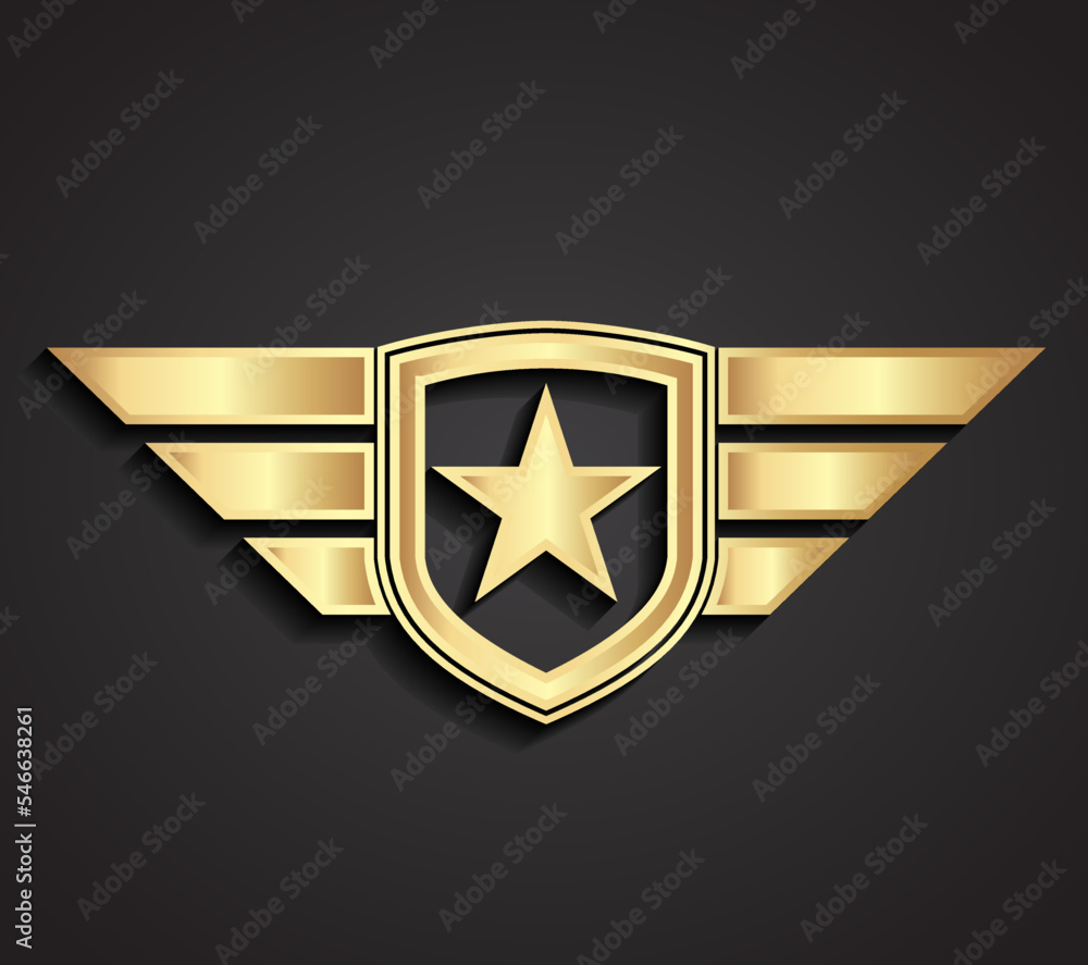 3d gold military star and shield with wings Stock Vector | Adobe Stock