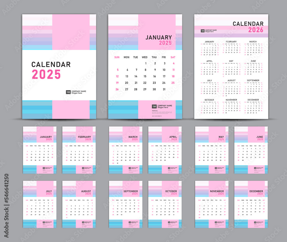 Vetor de Calendar 2025 template set and 2026 year pastel concept, wall ...