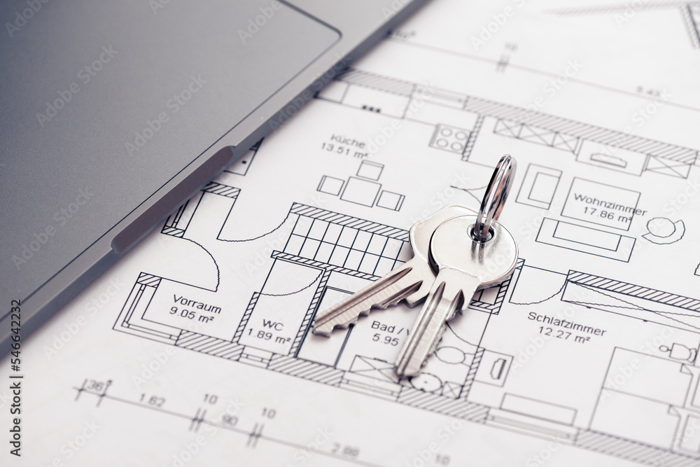 key and architectural blueprint map or drawing of house or future home ...