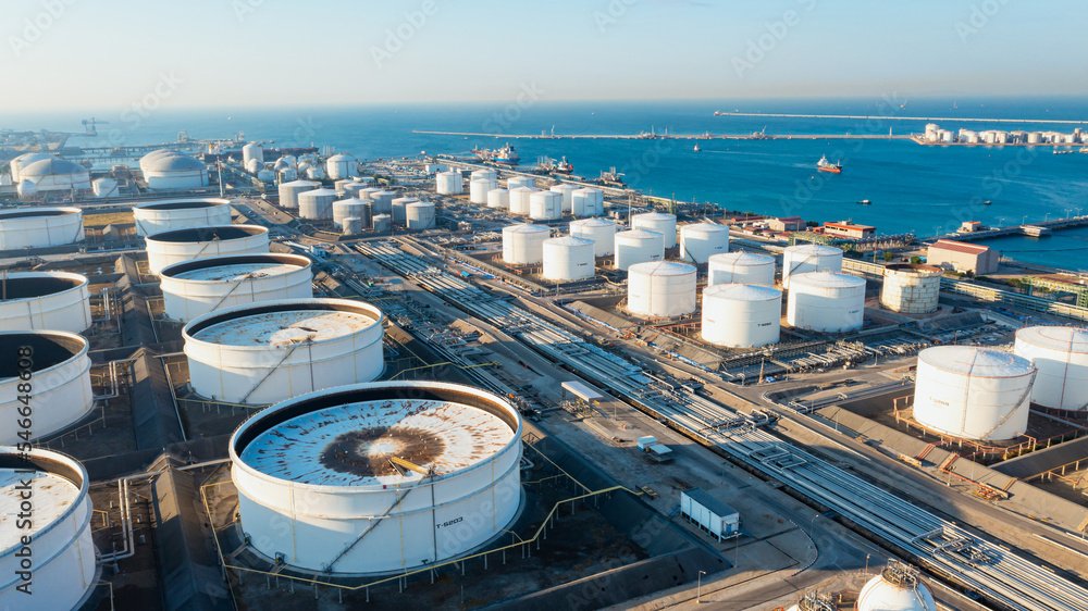 Aerial view of twilight petrochemical oil refinery plants at industrial ...