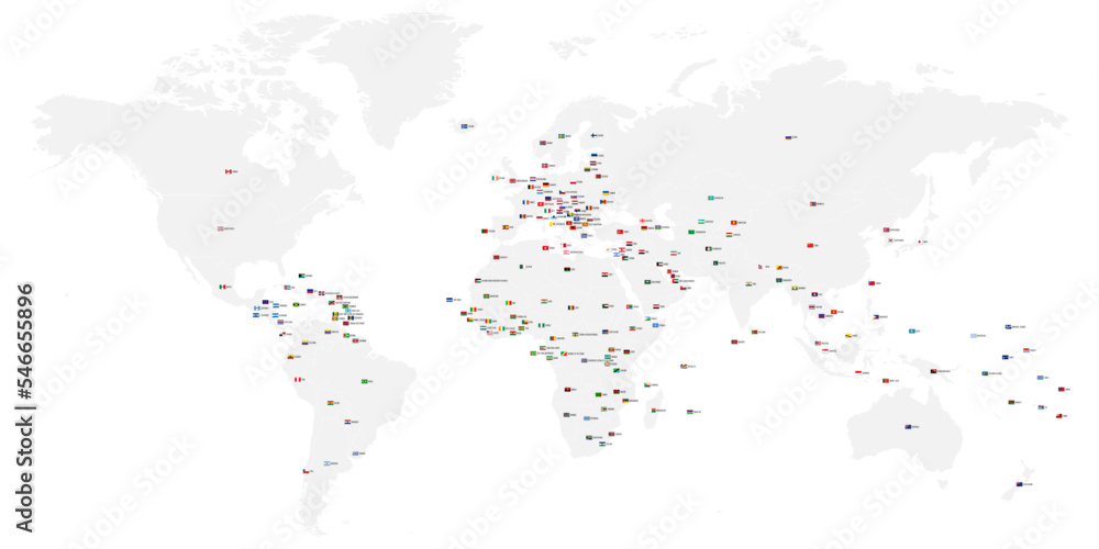 Map of World with flags. Each sovereign country with own name label and ...