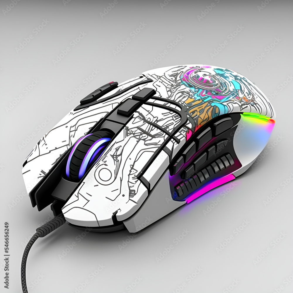 white and black gaming mouse with beautiful colored accents against a ...
