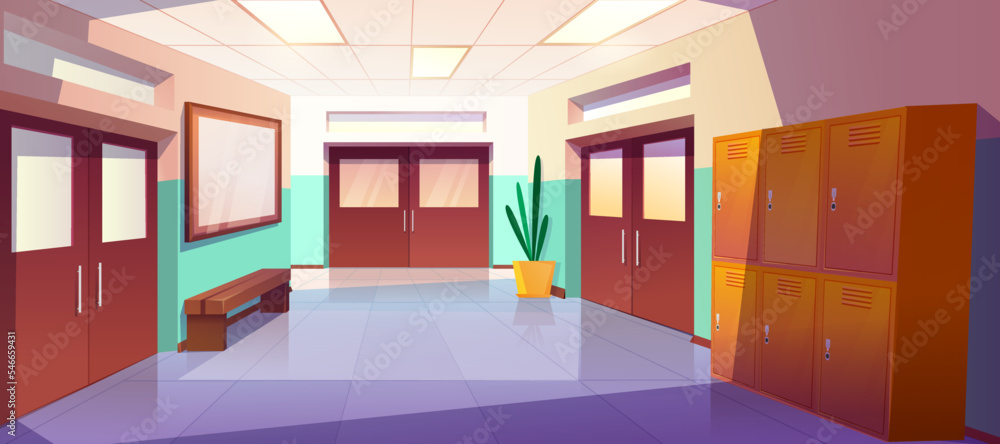 Vector cartoon school hallway interior with metal lockers, ceiling ...