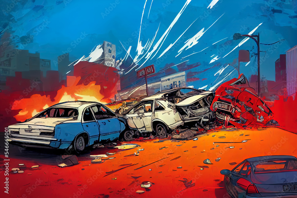 Dramatic illustrated car crash on the road. Two cars colliding in a ...