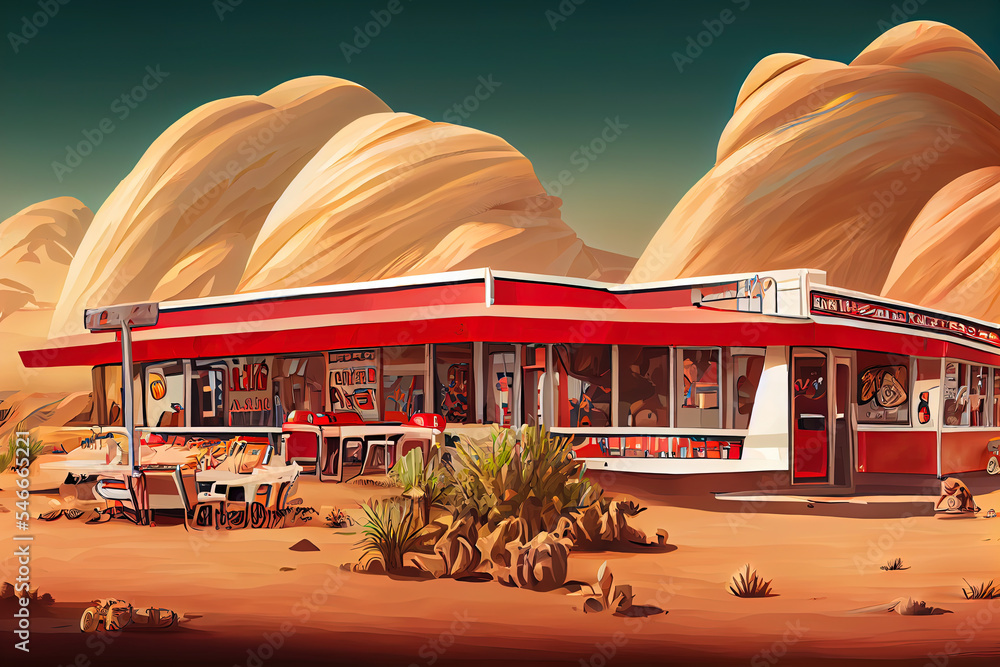 A classic American diner restaurant in the middle of a desert. Red ...