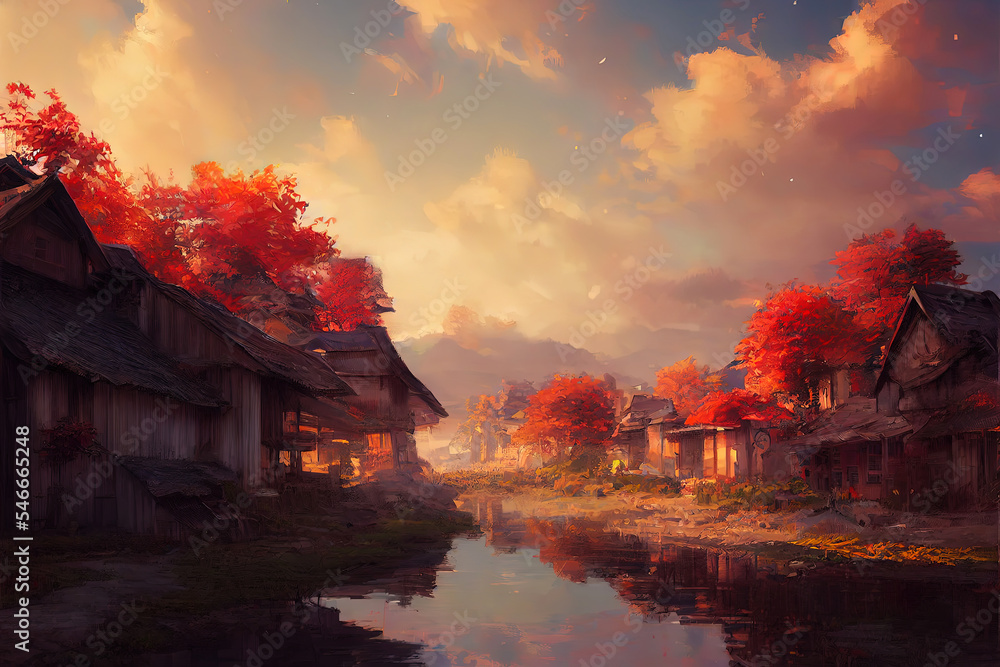Illustration of a traditional Japanese village in rural landscape ...