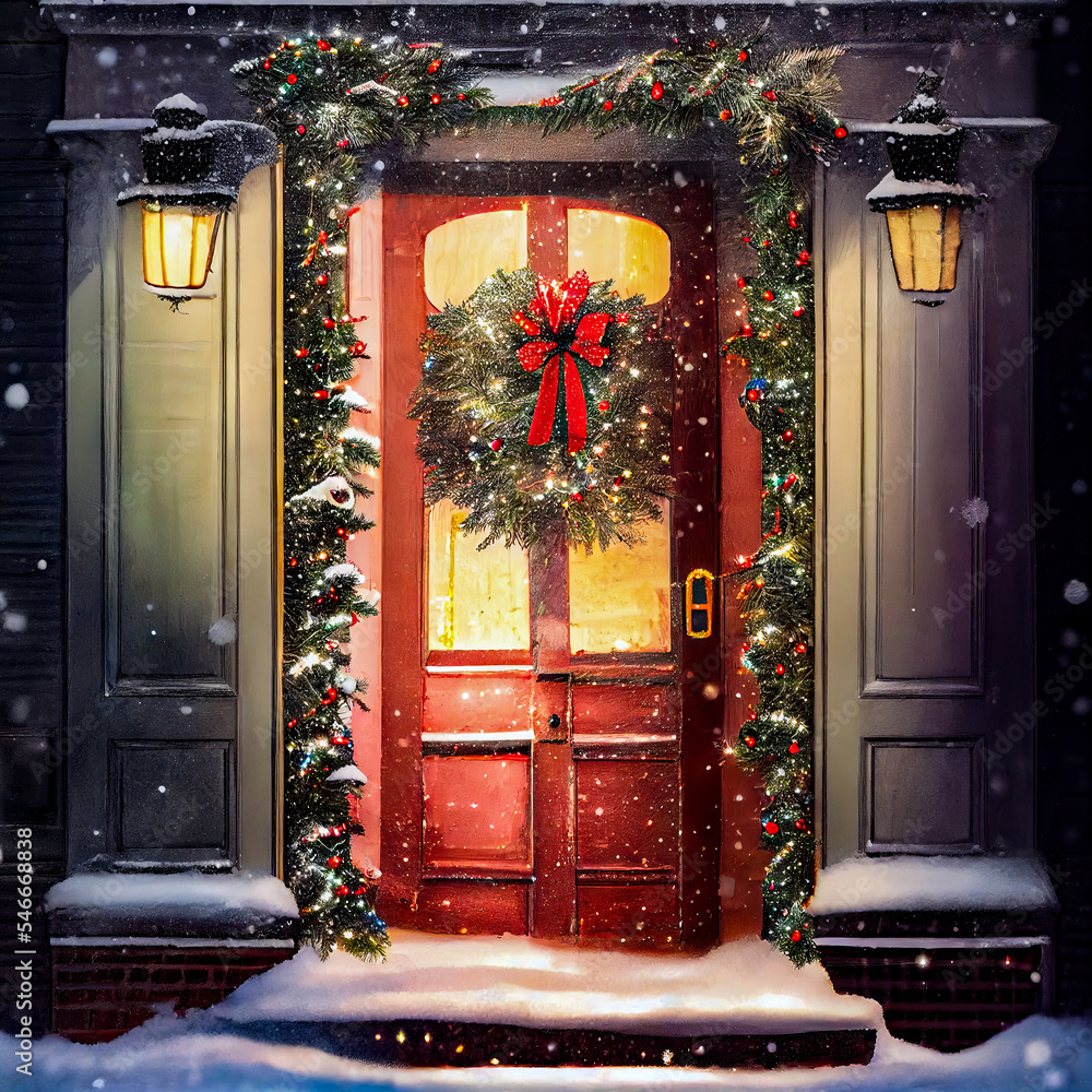 Beautiful holiday front doors with Christmas Wreath, snow. Background ...