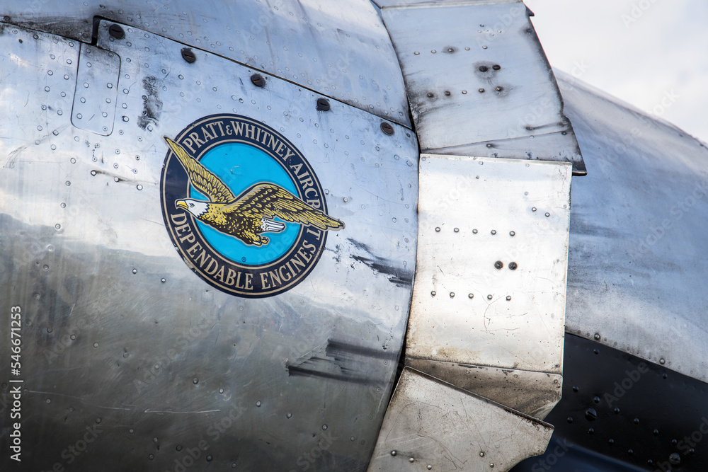 Company logo of airplane engine manufacturer Pratt & Whitney on a metal ...