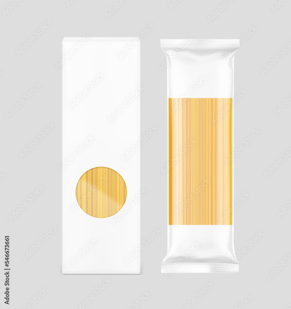 Realistic pasta food package bag and cardboard box mockup. Vector ...