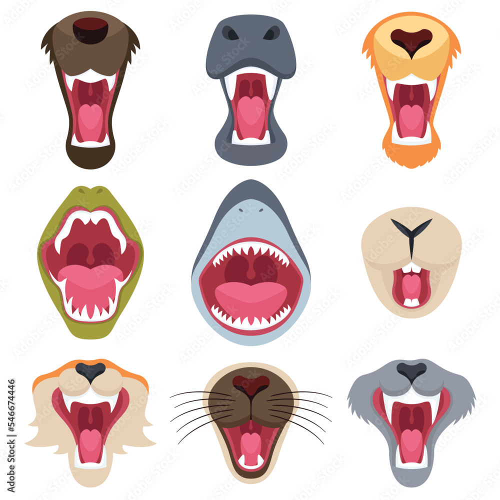 Animals mouth flat icons set. Different mouths of wild animals. Shark ...