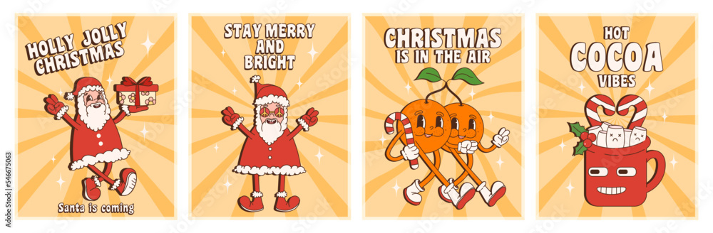Groovy hippie Christmas. Big set in greeting card, poster, print, party ...
