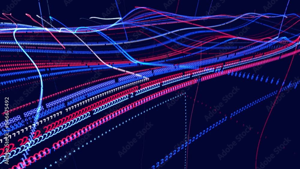 digital waves on surface. Vj loop hologram abstract bg. Symbols form lines, grid. Information ...