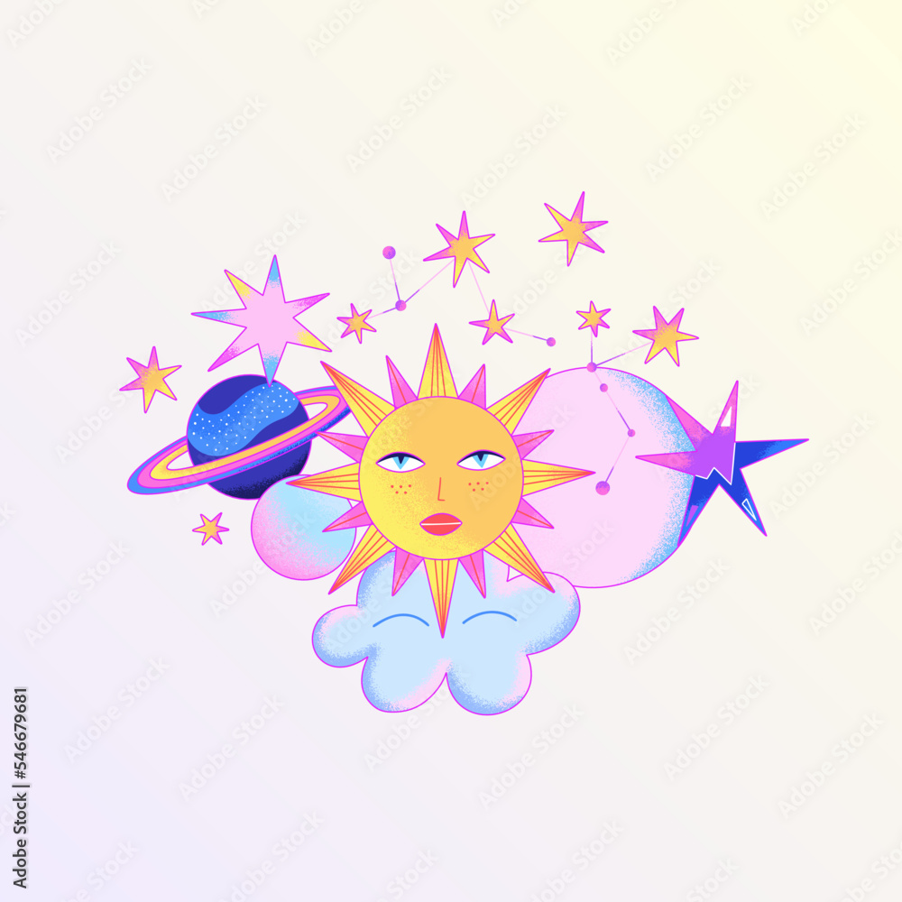 Space surreal illustration. Contemporary art. Sun, stars, planets ...