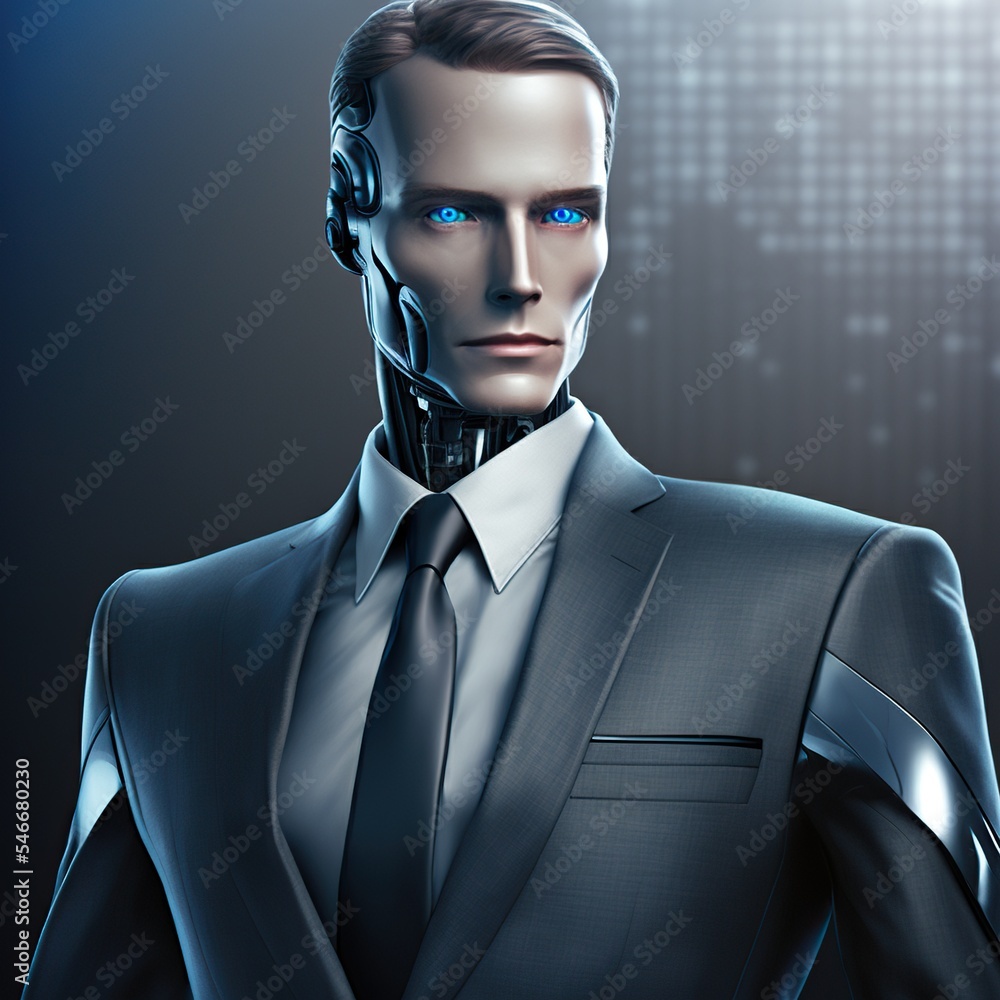 Cyborg male android businessman in a suit. Robot CEO manager in the ...
