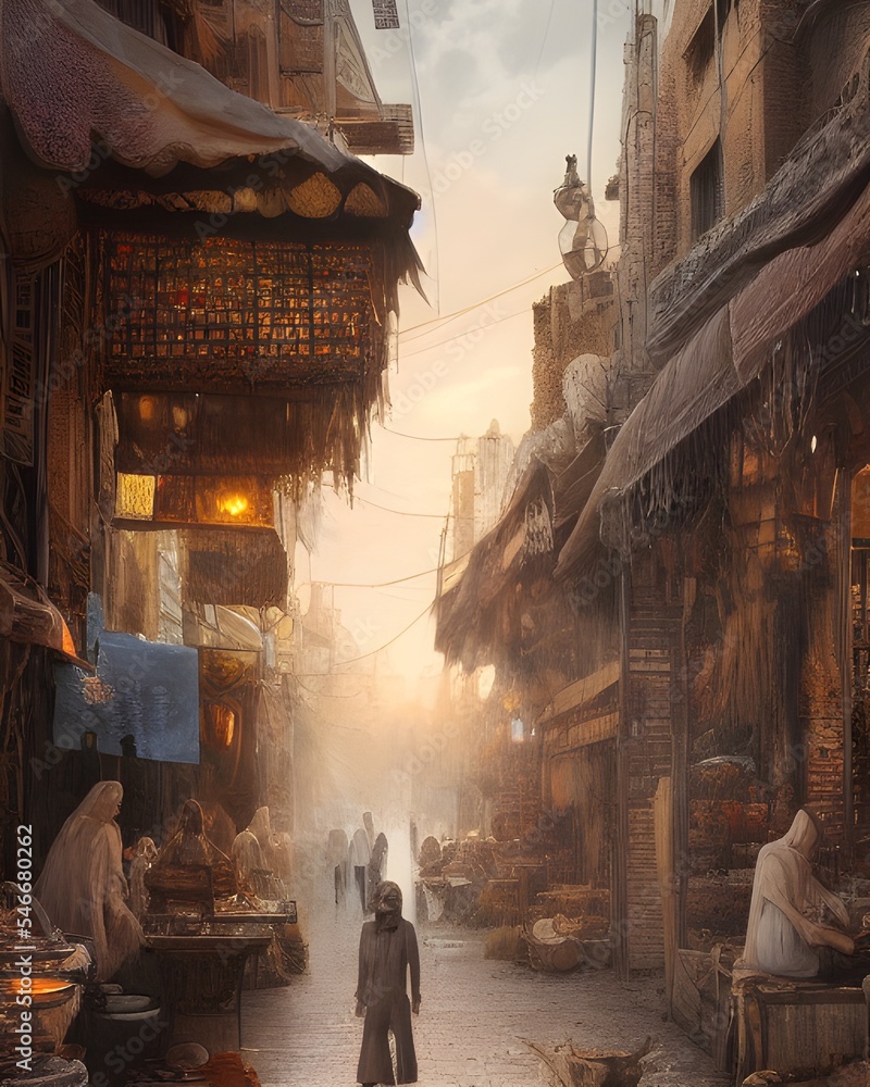 illustration busy street inside a ancient mesopotamian village, night ...