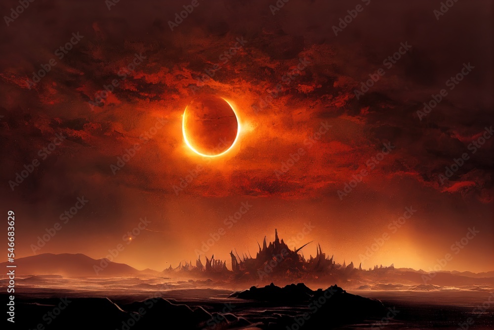 Apocalyptic dramatic image, doomsday event concept. Glowing full moon ...