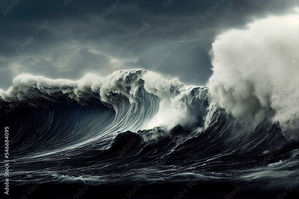 Apocalyptic dramatic background, giant tsunami waves, dark stormy sky ...