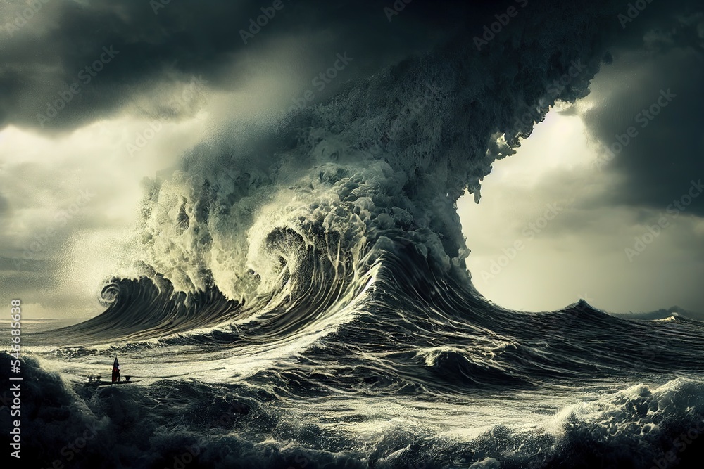 Apocalyptic dramatic background, giant tsunami waves, dark stormy sky ...