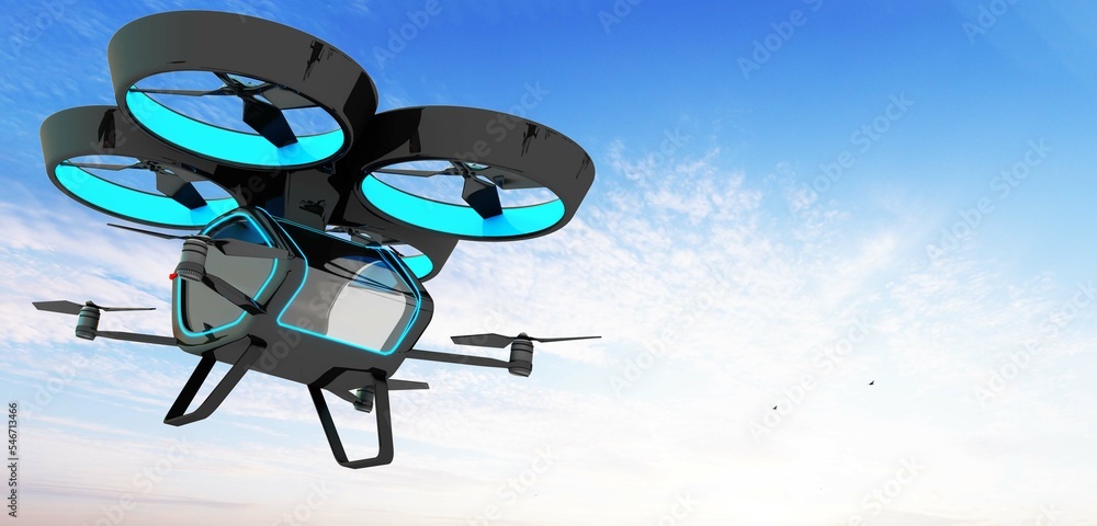 Futuristic flying car, flying in the blue sky. Passenger transport of ...