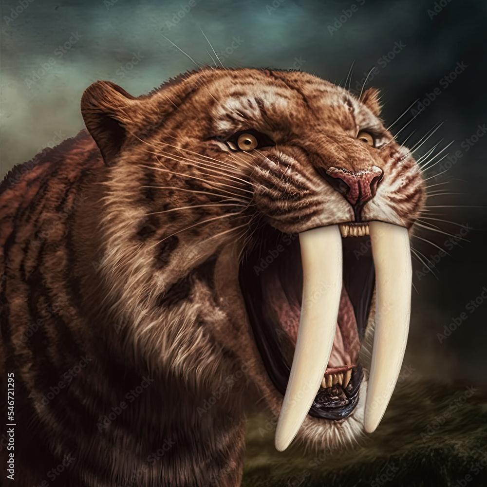 close up of Saber-toothed tiger head isolated. Smilodon a prehistoric ...