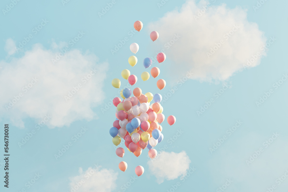 Colorful balloons floating in the sky with white clouds. 3D render ...
