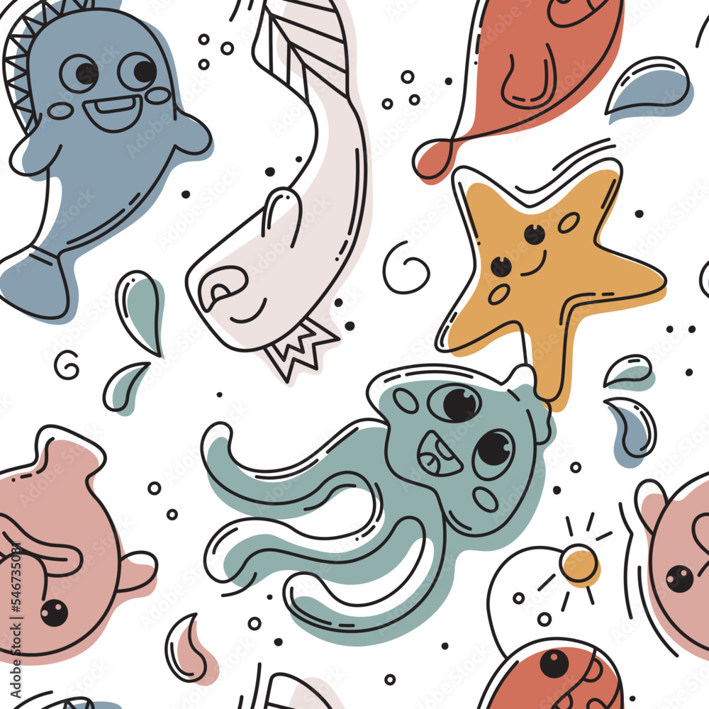 Hand-drawn seamless doodle pattern of doodle colored fish. Hipster ...