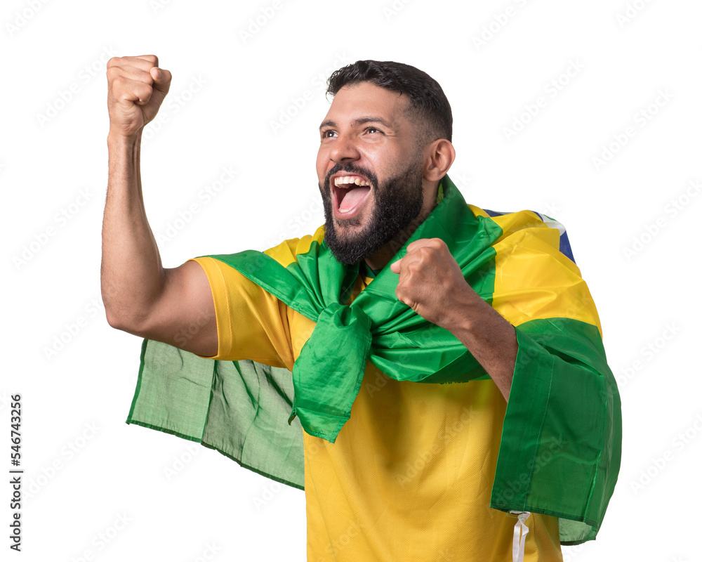 torcedor de futebol brasileiro torcendo feliz com bandeira do brasil ...