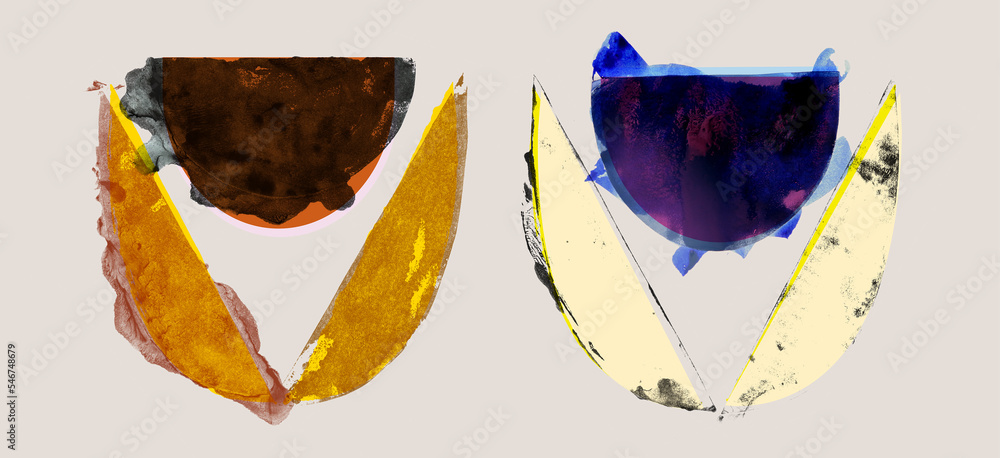 Two Geometric Art Deco Tulip Shapes with Seeping Ink Textures. Stock ...