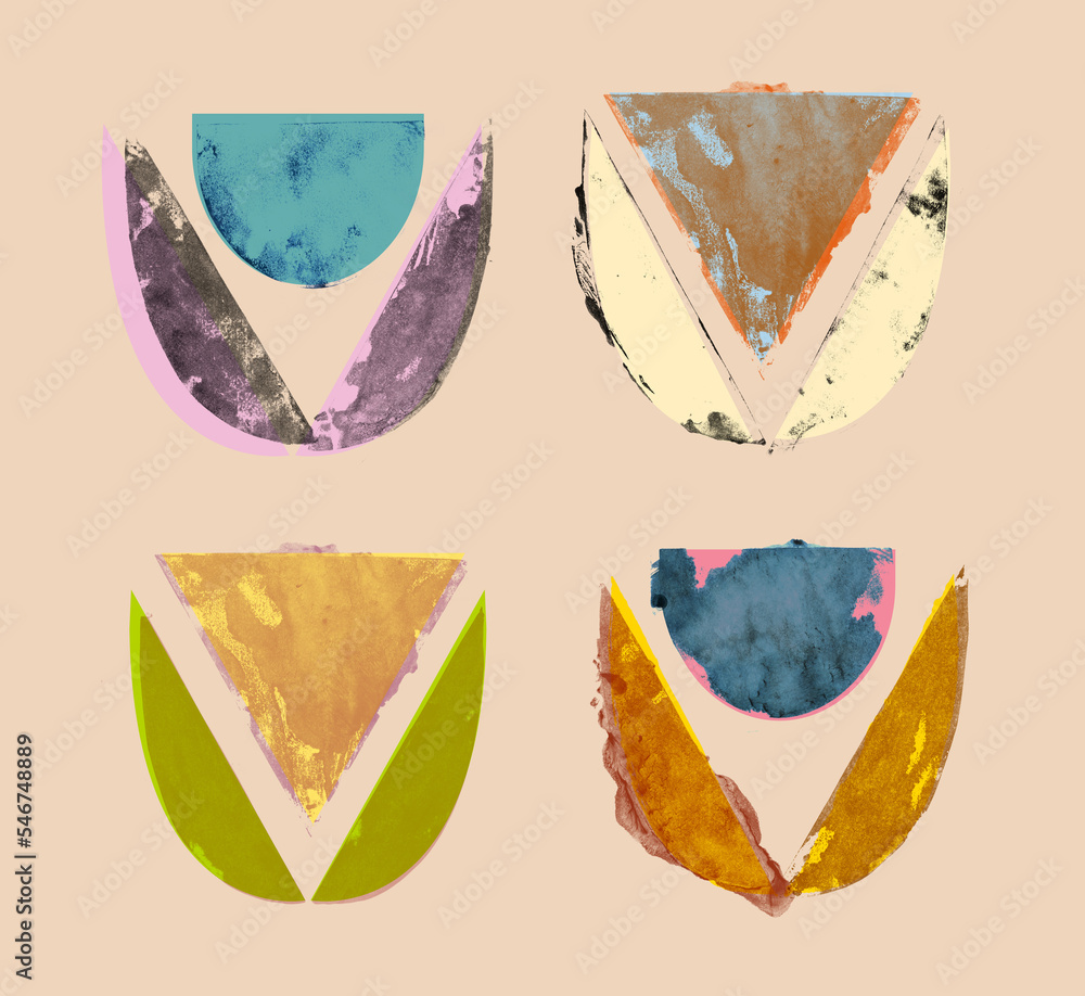 Four Geometric Art Deco Tulip Shapes with Seeping Ink Textures. Stock ...