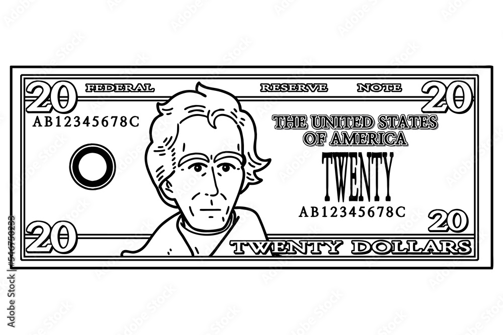 US 20 Dollar bill. Vector line art illustration. Stock Vector | Adobe Stock