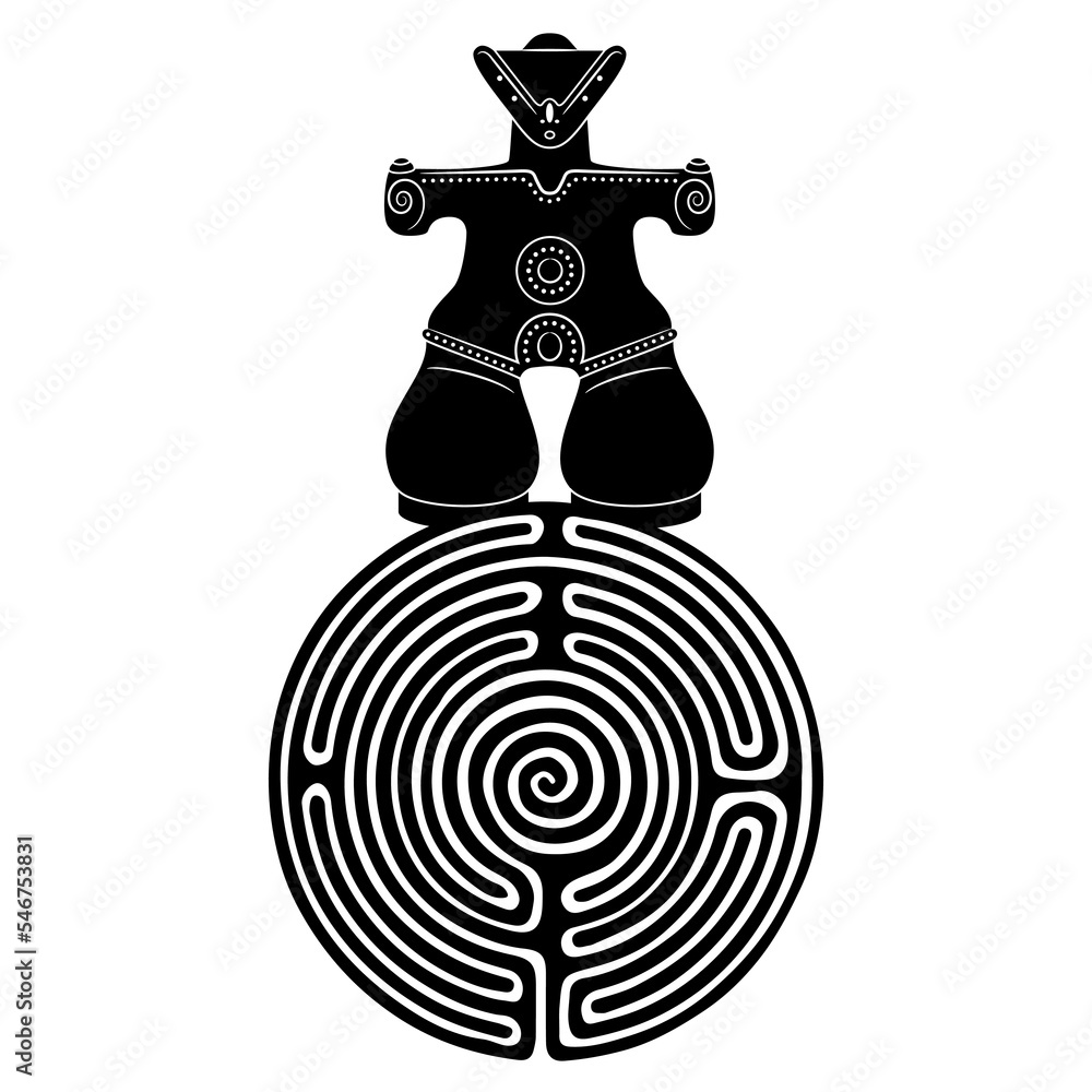 Dogū sculpture from ancient Japan on top of a round spiral maze or ...