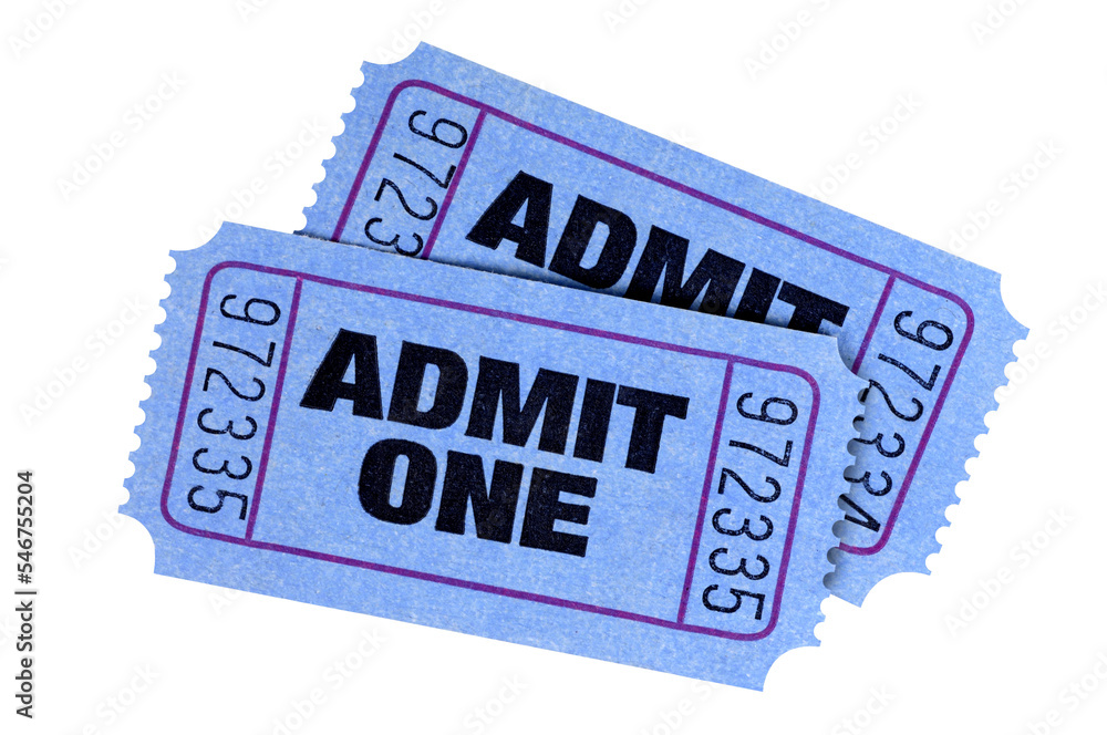 Two blue admit one movie cinema or theater tickets isolated transparent ...