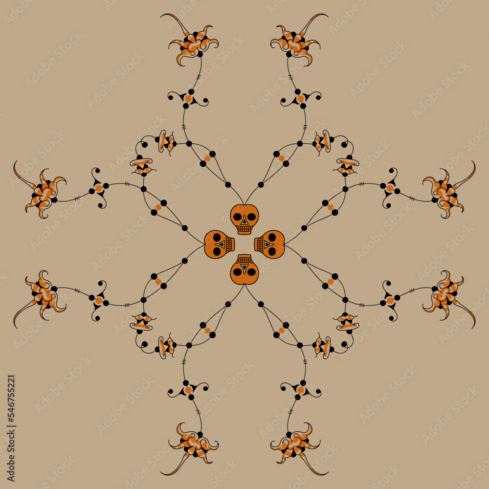 Geometrical pattern with beautiful vines sprouting from human skulls ...