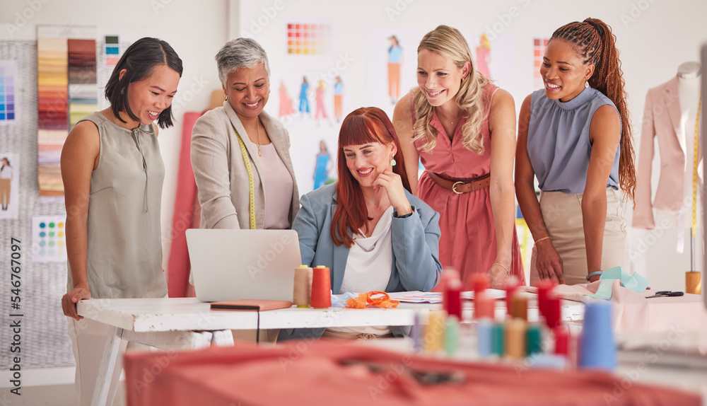 Business people, laptop and fashion meeting for marketing, clothing or ...