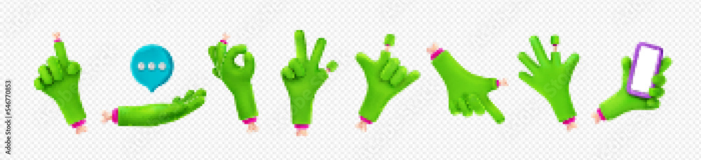 Zombie hand gestures set on transparent background. Green monster ...