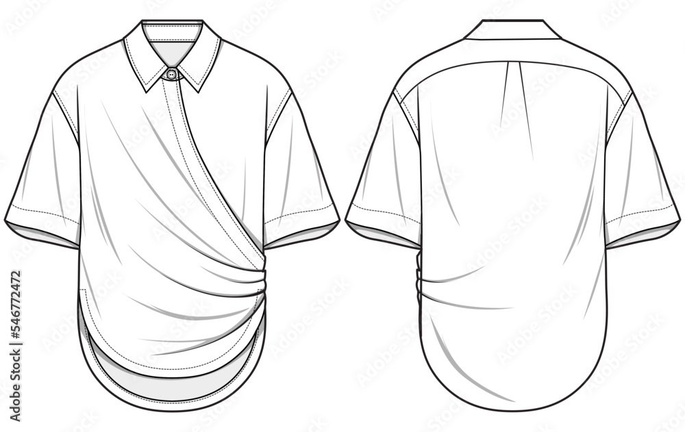 Draped Wrap Around Back Long Hem Shirt Front and Back View. Fashion Illustration, Vector, CAD ...