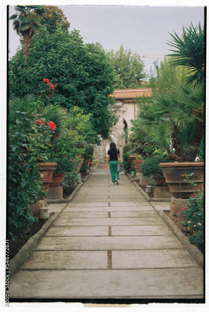 Lush typical Italian garden with walk path and terracotta pots Stock ...