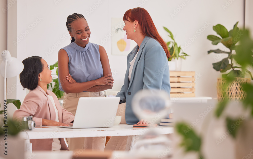 Planning, laptop and collaboration with women in business meeting for ...