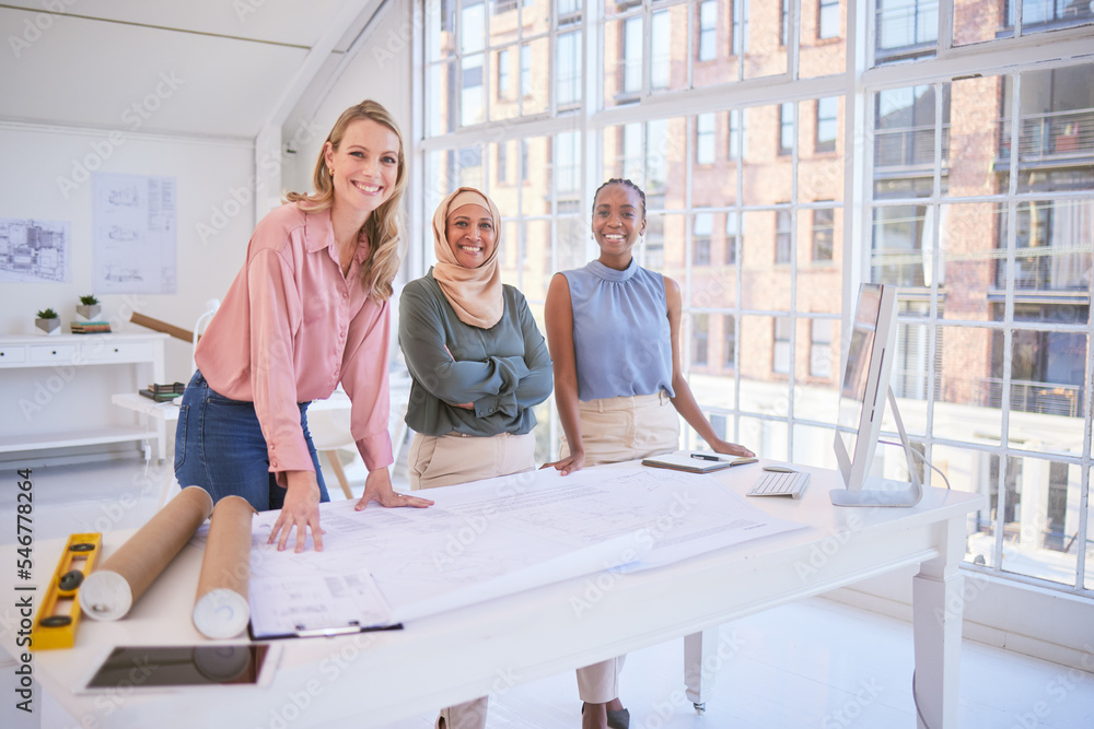 Poster Teamwork, architecture and portrait of women in office standing ...