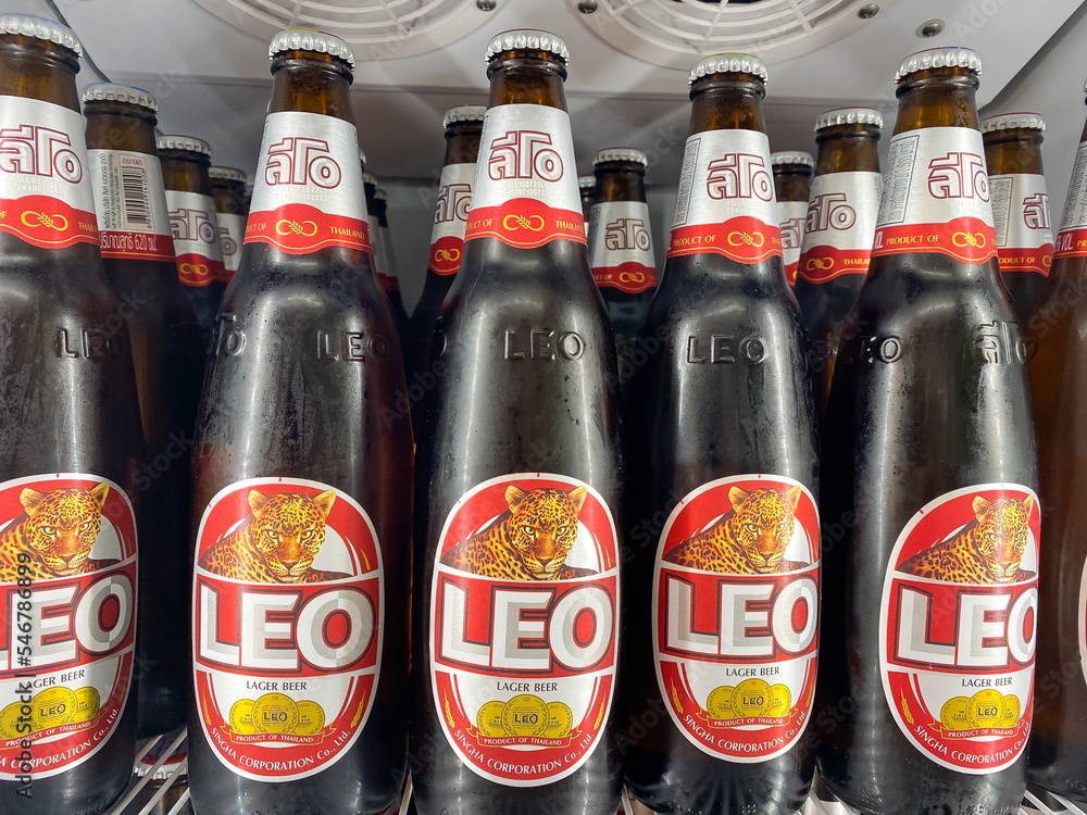 Prachinburi Thailand - 16 Nov 2022: Many bottles of Leo Beer on the ...