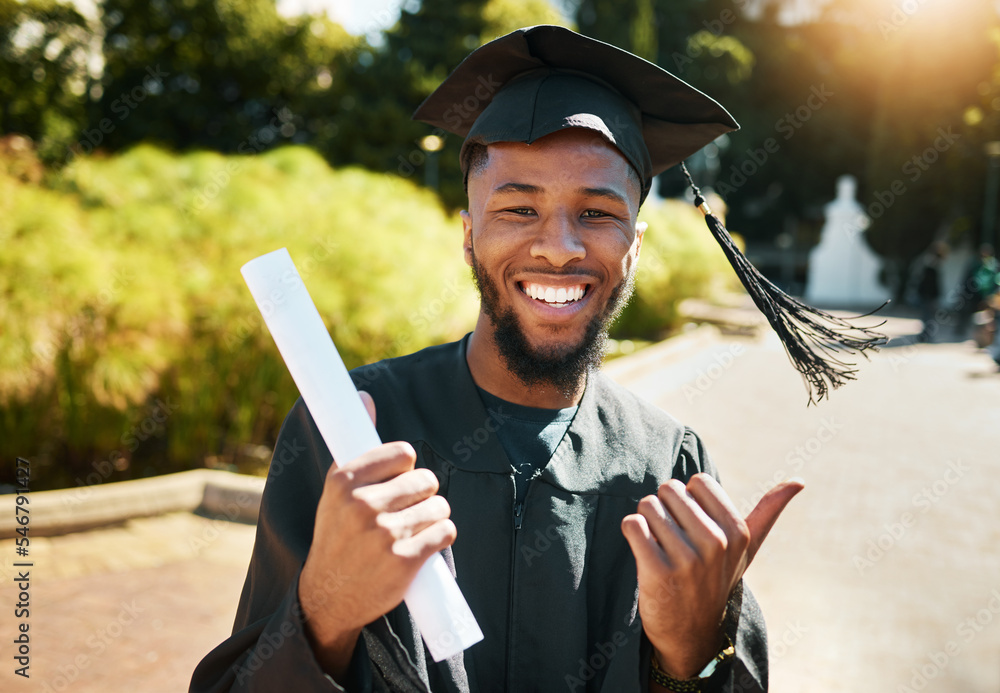 Student graduation, black man with certificate in outdoor park or ...