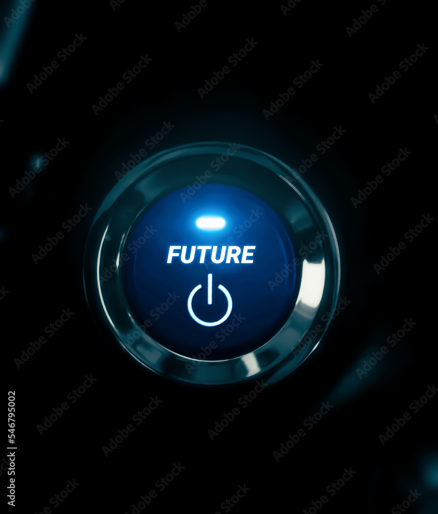Future button with glowing blue light background. Push button to the ...