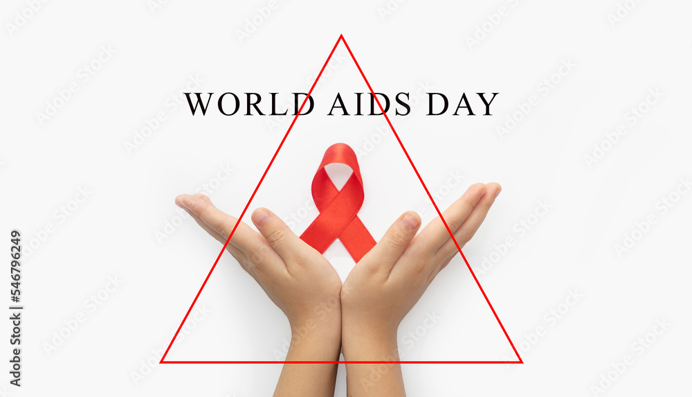 World Aids Day. Child palms with red ribbon over white background ...
