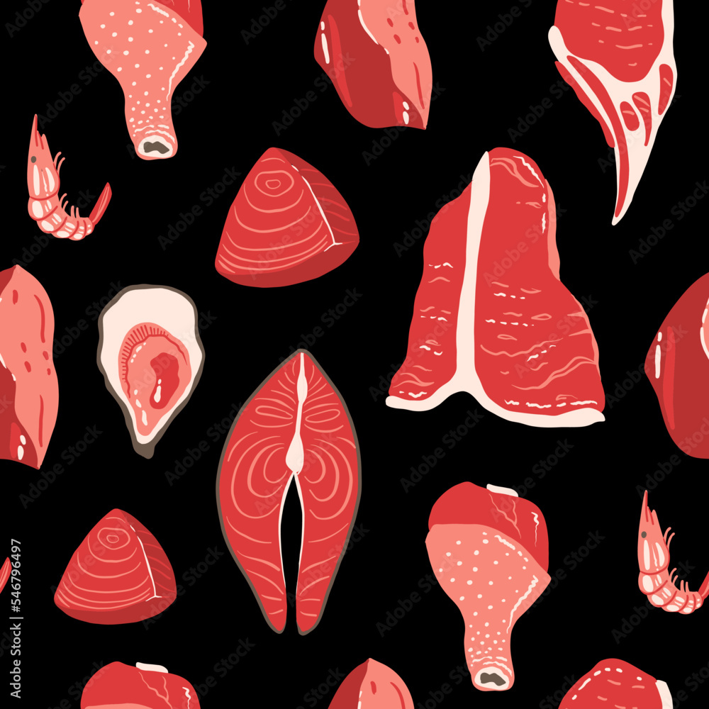 Meat cuts seamless pattern background. Fresh pork chop, beef, ham ...