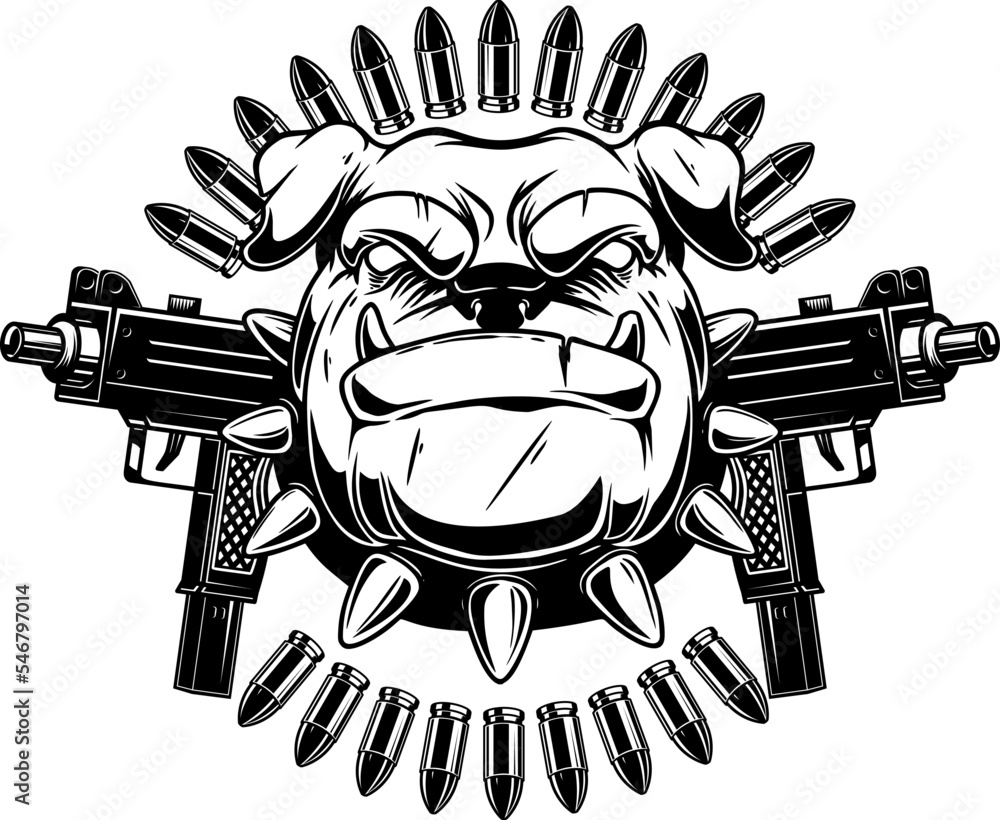 Angry dog head with crossed assault rifles. Design element for poster ...